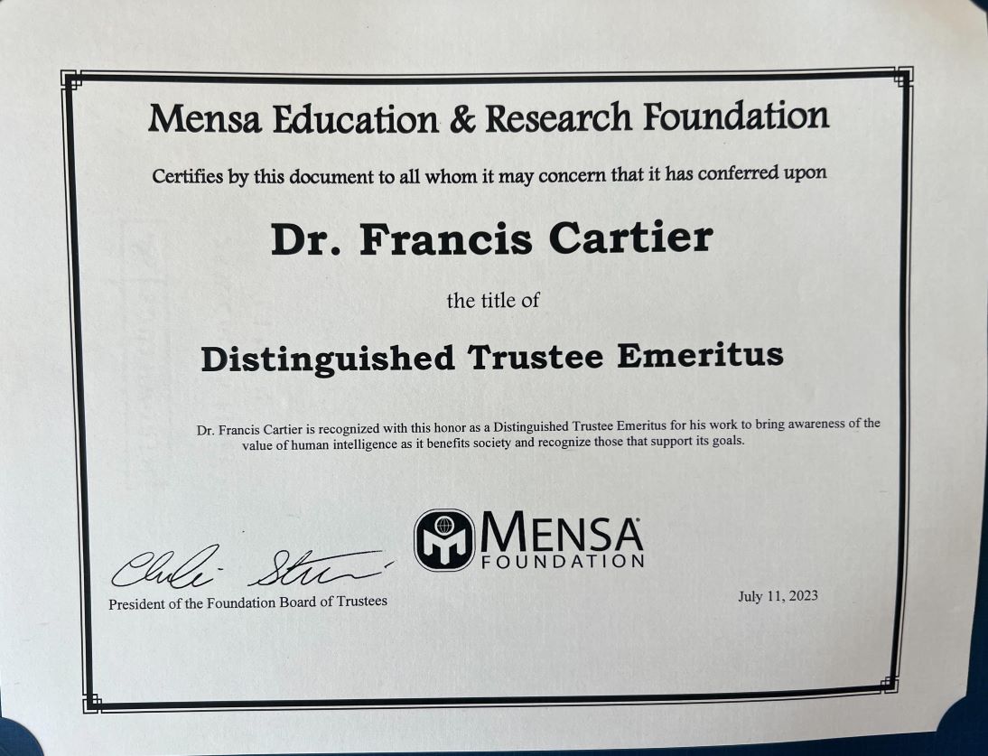 Honored Member – Francis “Fran” Cartier, Jr. – Monterey County Mensa